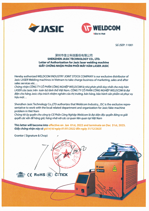WELDCOM EXCLUSIVE DISTRIBUTION OF JASIC LASER WELDING MACHINE